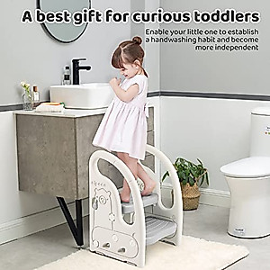 Onasti Toddler Step Stool for Bathroom Sink, Adjustable 2 Step Stop for Kids with Handles, Toilet Stool Potty Training, Plastic Ladder Toddler Helper Stool for Bedroom Kitchen Counter Grey White