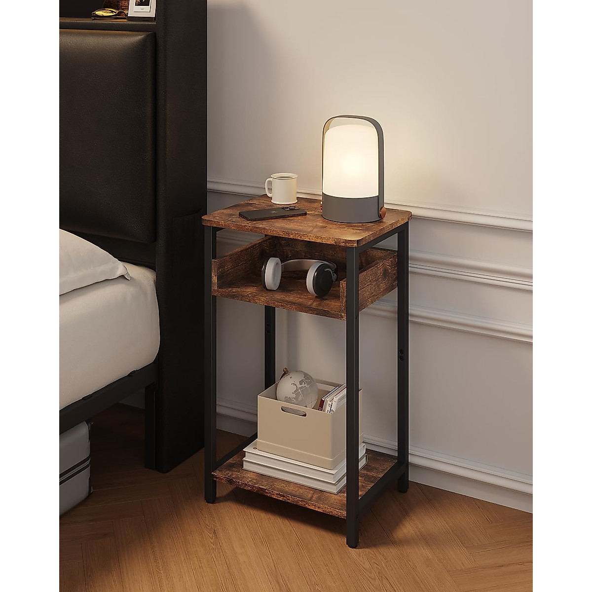 KJGKK Side Table, 25 inch High End Table, Small Bedside Table for Living Room, Bedroom and Office, Rustic Brown & Black