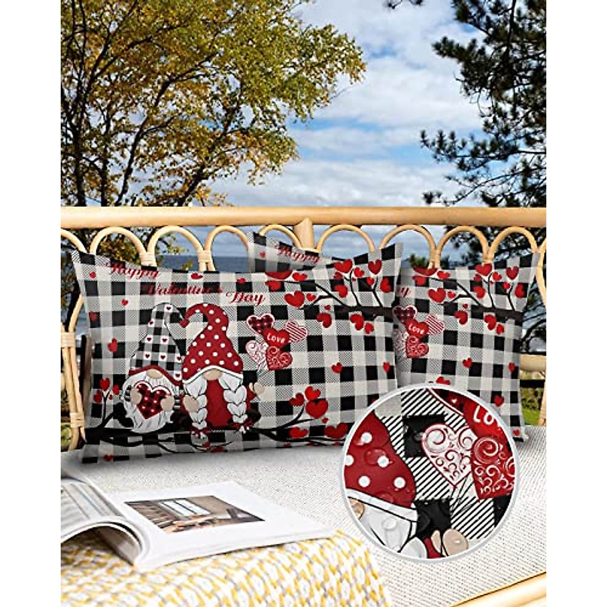 LEOSUCRE Pack of 2 Waterproof Decorative Pillow Covers, Valentines Day Plaid Throw Pillow Covers Rectangle Pillowcases Cushion Covers for Couch Patio Garden 20x12 Inch Love Gnome Tree Black and White