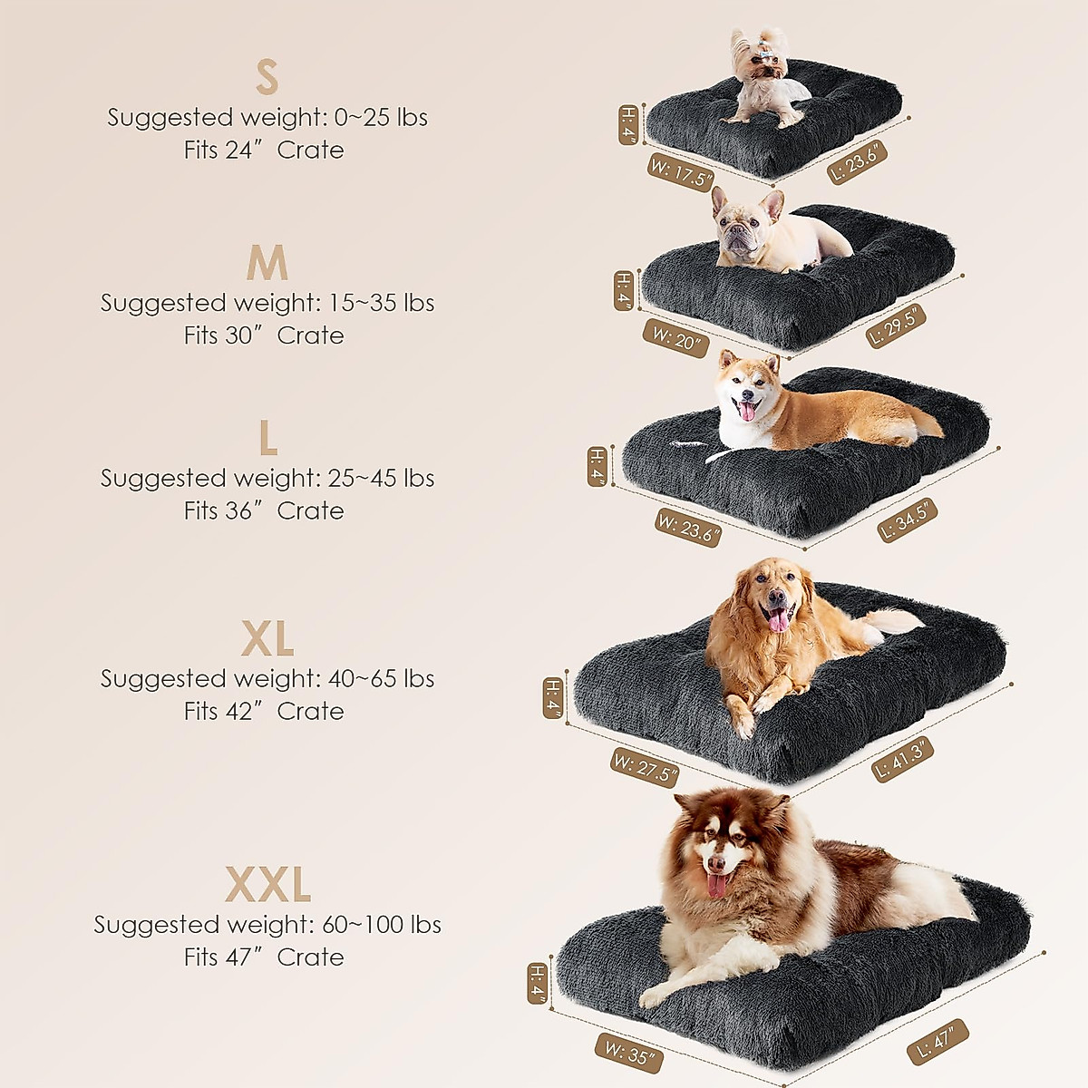 EHEYCIGA Fluffy Dog Crate Pad, Plush Faux Fur Dog Bed for Extra Large Dogs, Calming Anti Anxiety XL Dog Bed for Crate, Washable Soft Warm Dog Crate Mat with Non-Slip Bottom, Dark Grey