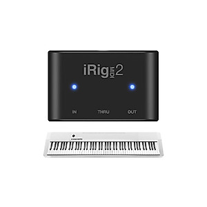IK Multimedia iRig MIDI 2 universal MIDI interface with In, Out, and THRU ports, activity indicators for iPhone, iPad, Android, Mac, PC