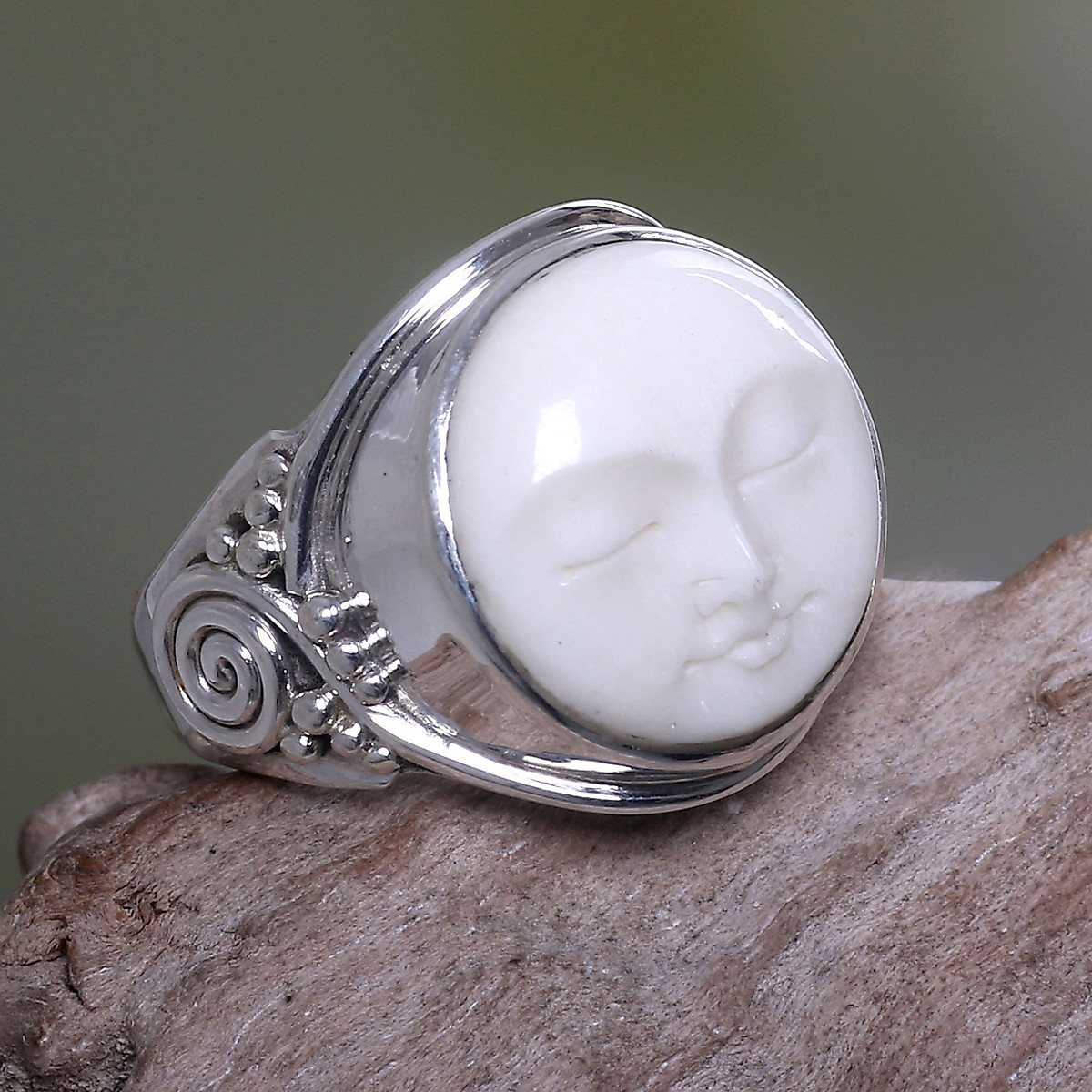 NOVICA Artisan Handmade Bone Ring Crafted .925 Sterling Silver Cocktail No Stone Indonesia 'Face of The Moon'
