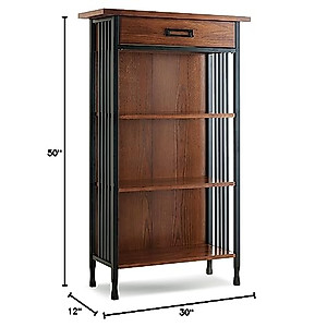 Leick Home 11262 Ironcraft Mantel Height Rustic Bookcase with Drawer Storage, 12" D x 30" W x 50" H, Mission oak/matte black