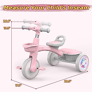 SEREED Colorful Lighting Toddler Tricycle for 2-5 Years Old Girls, Adjustable Seat&Handlebar Trike, Removable Basket, Birthday Gift Idea for Kids Ages 2+ (Pink)