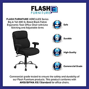 Flash Furniture HERCULES Series Big & Tall 400 lb. Rated Black Fabric Ergonomic Task Office Chair with Line Stitching and Adjustable Arms