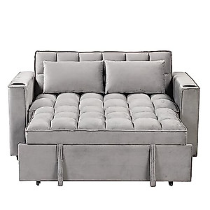 FULife 58" Convertible Sofa Couch with Pull-Out Sleeper,Adjustable Loveseat Armchair Single Bed Chair with Cup Holder,USB Port,Side Pocket&Pillows for Living Room/Apartment/Office/Studio/Small Place