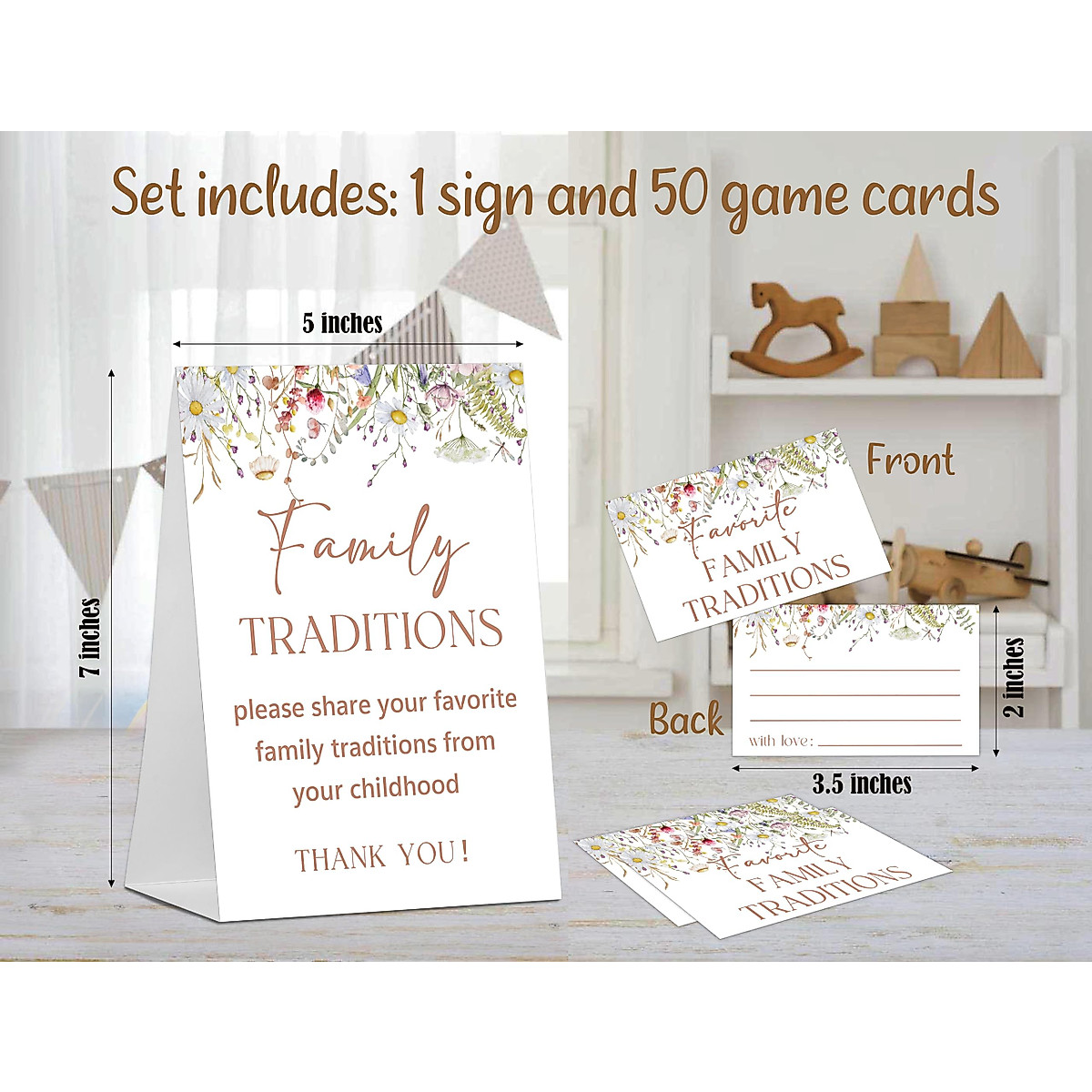 Baby Shower Games Family Traditions Sign, 1 Standing Sign and 50 Cards, Boho Floral Gender Neutral Decoration, Gender Reveal Party, Bridal Shower Favor Supplies-LT18