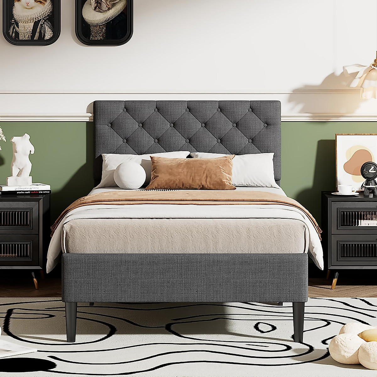Twin Size Platform Bed, Metal and Wood Bed Frame with Headboard and Footboard, Metal Slat Support/No Box Spring Needed/Easy Assembly (Grey)