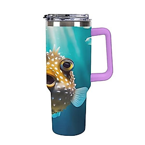 Cute Puffer Fish 40 Oz Car Cup Stainless Steel Travel Mug Leak-Proof Insulated Tumbler with Handle Violet-style