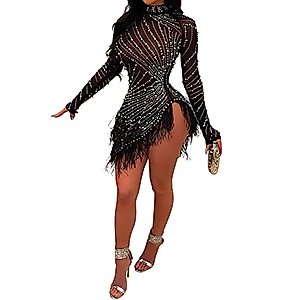 Uni Clau Women Sexy Rhinestone Hot Drilling Long Sleeve Dress Mesh See Through Tassels Bodycon Party Club Night Out Mini Dress Black XL