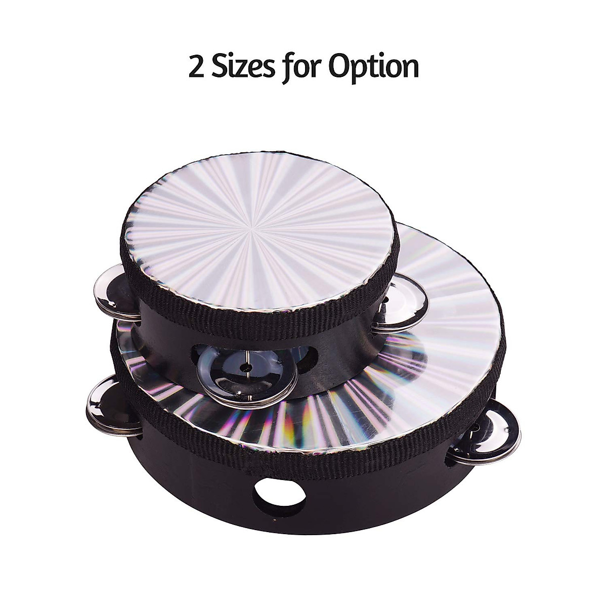 Daerzy 6 Inch Wooden Radiant Tambourine Handbell Hand Drum with Single Row Jingles Reflective Drum Head Percussion Instrument Musical Toy for Adults Kids Dancing Singing Party, Black