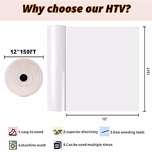 HTVRONT White HTV Heat Transfer Vinyl Rolls -12''x150ft Iron on Vinyl for T Shirts- White HTV Vinyl for Cricut & Cameo-HTV Vinyl Rolls Easy to Cut & Weed & Transfer (White)