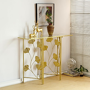 40 Inch Gold Console Table, Sofa Table, Modern Entryway Table, Tempered Glass Shelf with Ginkgo Leaves Decorative for Entryway Living Room Bedroom