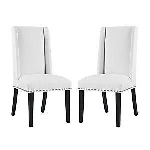Modway Baron Modern Tall Back Wood Faux Leather Upholstered Two Dining Chairs in White