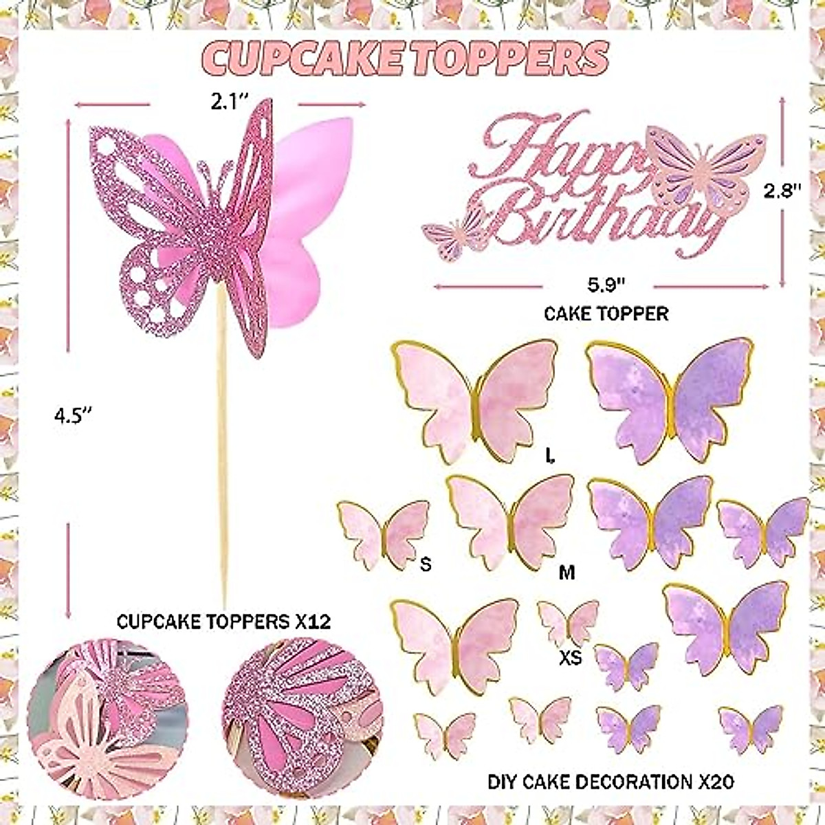 34 PCs Butterfly Cupcake Stand 3-Tier and Topper Set, Fiesec Floral Butterfly Birthday Party Decorations Baby Shower Supplies Cardboard Dessert Tower Holder Round Serving Stand 3D Butterfly for Girl