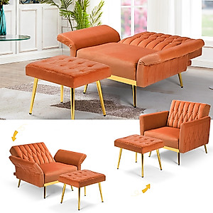 ACMEASE Velvet Accent Chair w/Adjustable Armrests and Backrest, Button Tufted Lounge Chair, Single Recliner Armchair with Ottoman and Pillow for Living Room, Bedroom,Orange