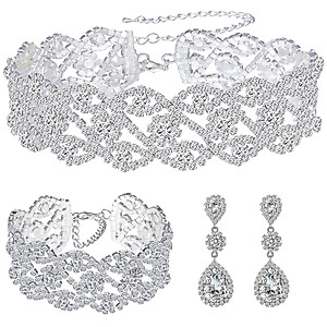 Paxuan Women Rhinestone Crystal Wedding Bridal Choker Necklace Earrings Bracelet Jewelry Sets