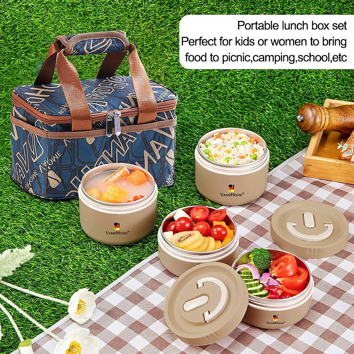 ArderLive Lunch Bento Box with Bag, Portable Thermal Leakproof Lunch Containers, 18/8 Stainless Steel Stackable Insulated Lunch Box for Adults, Picnic Work and Travel, 68 Oz, Khaki
