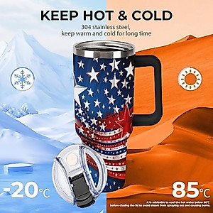 Independence Day U.S. Stars 40 Oz Stainless Steel Cup Travel Tumbler with Handle and Straw Lightweight Coffee Mug for Home Office