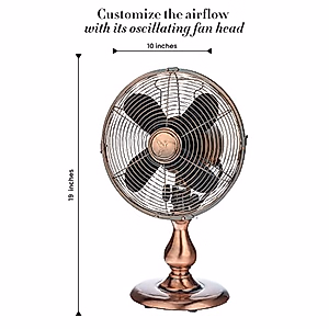 DecoBREEZE Oscillating Table Fan, 3-Speed Portable Fan, Copper, Antique Fan, 10 inches