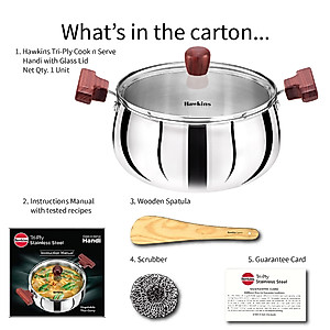 Hawkins 4 Litre Cook n Serve Handi with Glass Lid, Induction Compatible Tri-Ply Stainless Steel Cookware, Cooking Pot, Saucepan, Silver (SSH40G)