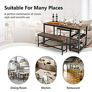 COSTWAY 3-Piece Dining Table Set for 4, Rustic Pub Dining Table with 2 Benches, 2 Storage Shelves and Glass Holder, Breakfast Kitchen Table and Chairs Set for Small Space Kitchen Restaurant Bar