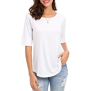 LUSMAY Womens White Cotton Tops Fashion Casual Fitted T Shirt Half Sleeve Tunic Tee
