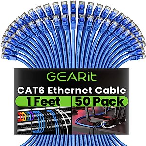 GearIT Cat 6 Ethernet Cable (50-Pack 1 Foot) Cat6 Network Patch, 10Gbps, RJ45, Snagless Cord, Gold-Plated Connectors, Internet for PC, TV, Tablet, Router, Printer, Servers, IT Data Center - Blue