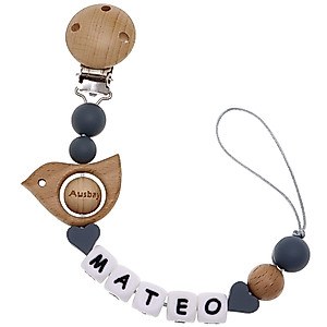 Personalized Stroller Clip with Name, Wooden Bird Shape (Grey)