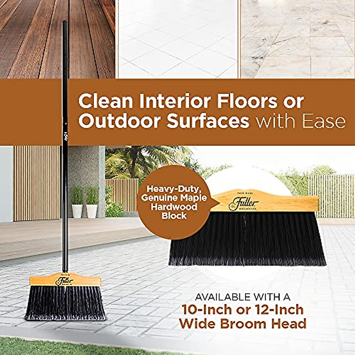 Fuller Brush Wooden House Broom - Heavy-Duty Wide Wood Sweeper Head with Long Bristles for Sweeping Indoor-Outdoor and 2-Pc Black Steel Handle - Available in 2 Sizes Perfect for Household & Yard Use