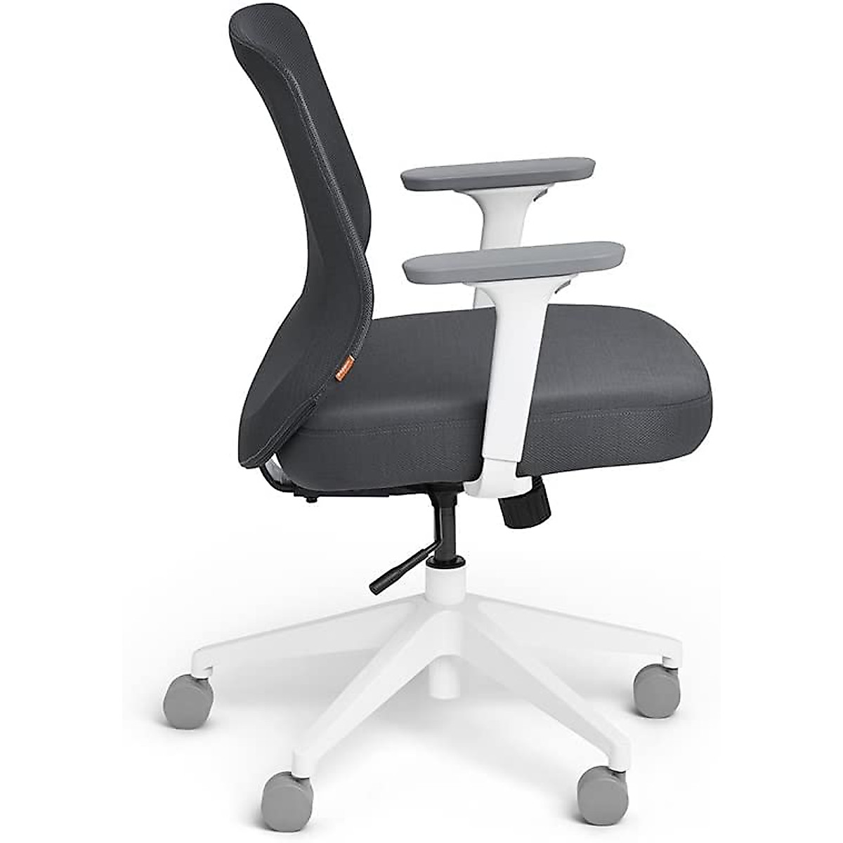 Poppin Mid Back Max Task Chair - Dark Gray Cushions + White Frame, Curvy Mesh Backrest, Adjustable Recliner, Armrest and Height Settings, 5 Caster Wheels for Easy Movement