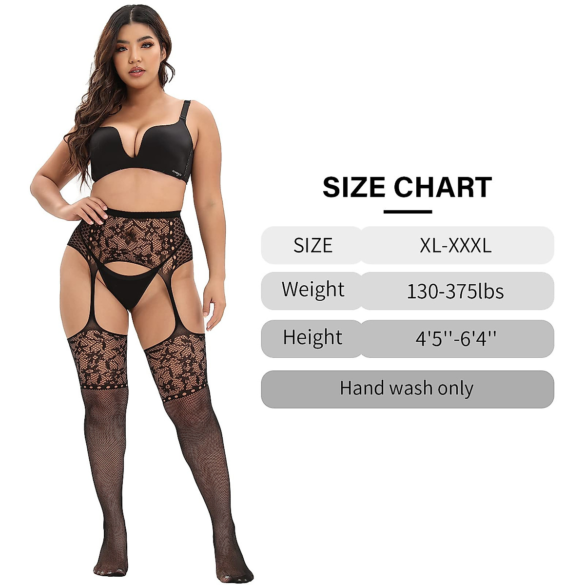 MANZI Plus Size Stockings Thigh High Fishnet Stockings Suspender Patterned Tights for Women Pattern B Floret Pack of 2