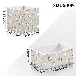 Seamless Cute Cartoon Shiba Inu Dogs Geometric Triangles on Warm Grey Square Storage Basket Bin, Collapsible Storage Box, Foldable Nursery Baskets Organizer for Toy, Clothes Easy to Assemble