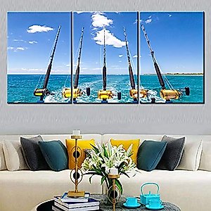 Canvas Wall Art Row of Five Fishing Rod and Reel Pictures Blue Seascape Paintings for Living Room Giclee Fishing Tackle Artwork HD Prints Modern Home Decor Framed Stretched Ready to Hang(60''Wx28''H)