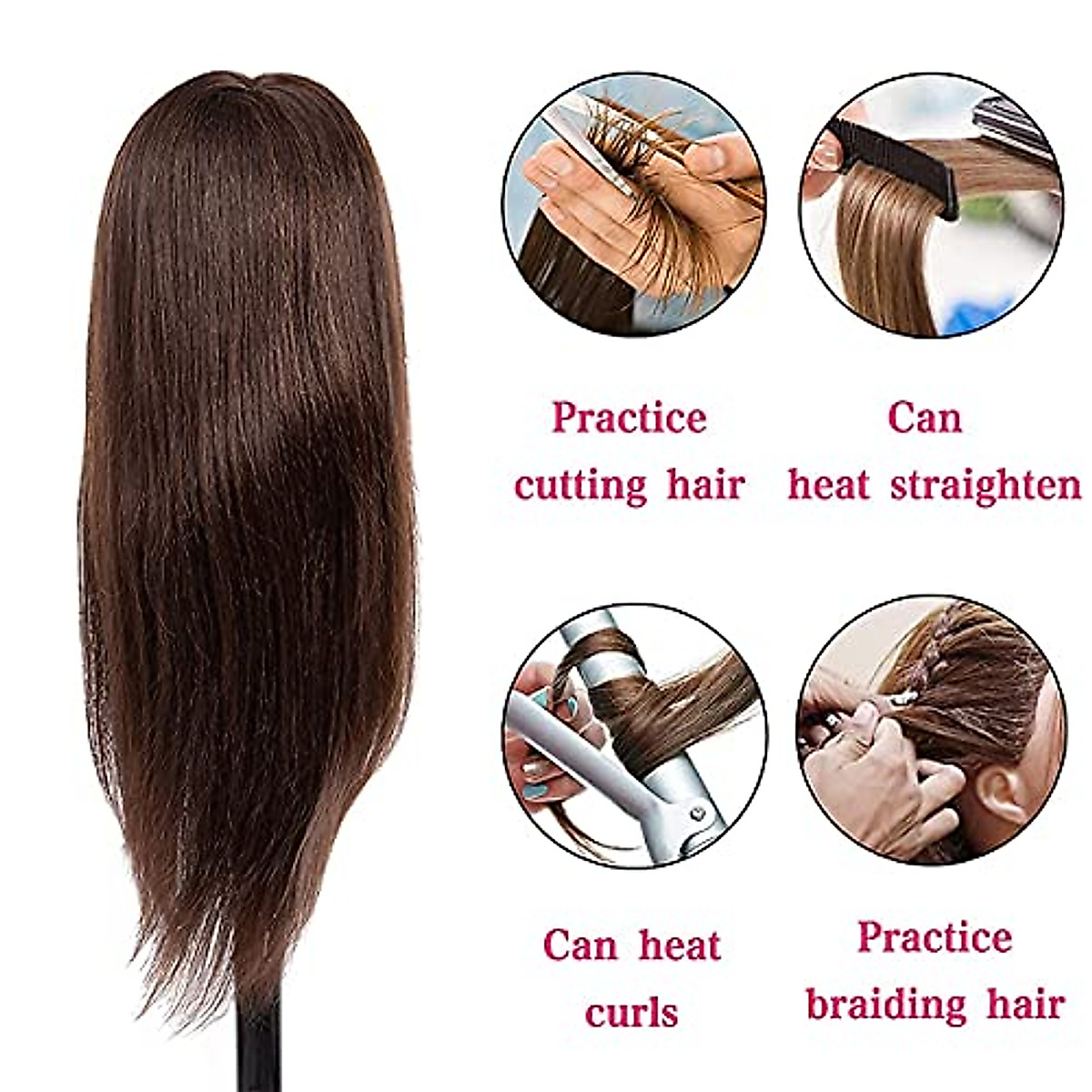 NAYOO Long Hair Mannequin Head With Real Hair 60% Training Head Hairdresser Practice Styling Manikin Head Cosmetology Doll Head Straight Hair with 7 Tools and Stable Clamp Stand (26inch No makeup, 4#)
