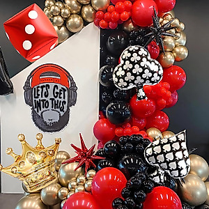 Oynearo Casino Theme Red Black Gold Balloon Garland Arch kit With Starburst Dice Crown Balloons for Casino Royale Birthday Celebration Graduation Las Vegas Night Theme Poker Events Party Decoration