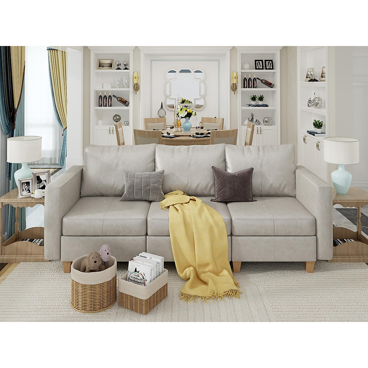 EASE MOOSE Convertible Modular Sofa Sectional Couch with Reversible Chaises,3 Seat Faux Leather Sectional Sofa Couch with Storage for Living Room Home Office