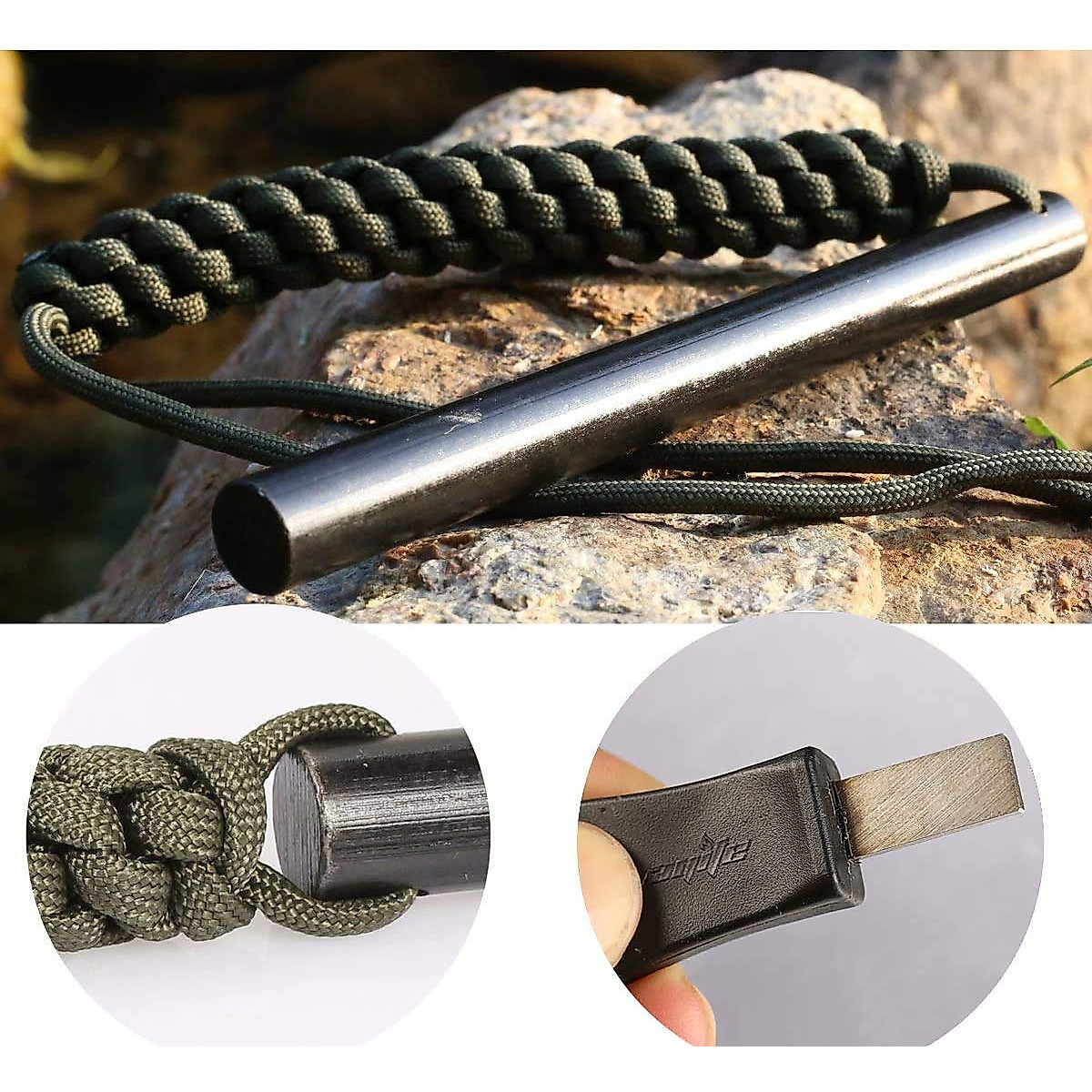 bayite 1/2 x 6 Inch Survival Drilled Flint Steel Fire Starter Ferrocerium Rod Kit with Striker-Pro Striker Paracord Landyard Handle Large