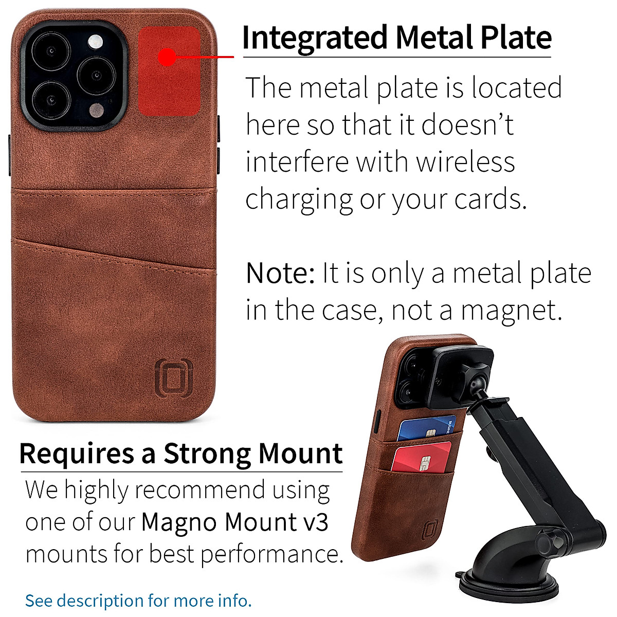 Dockem Card Case for iPhone 14 Pro Max with Built-in Metal Plate for Magnetic Mounting & 2 Pockets: Exec M2 Premium Synthetic Leather Wallet Case (iPhone 14 Pro Max, Brown)
