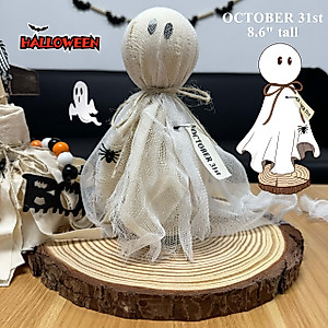 Seslust Set of 3 Primitive Halloween Ghosts on Wooden Stand - Spooky Table Centerpieces and Shelf Sitters for Indoor Halloween Decor