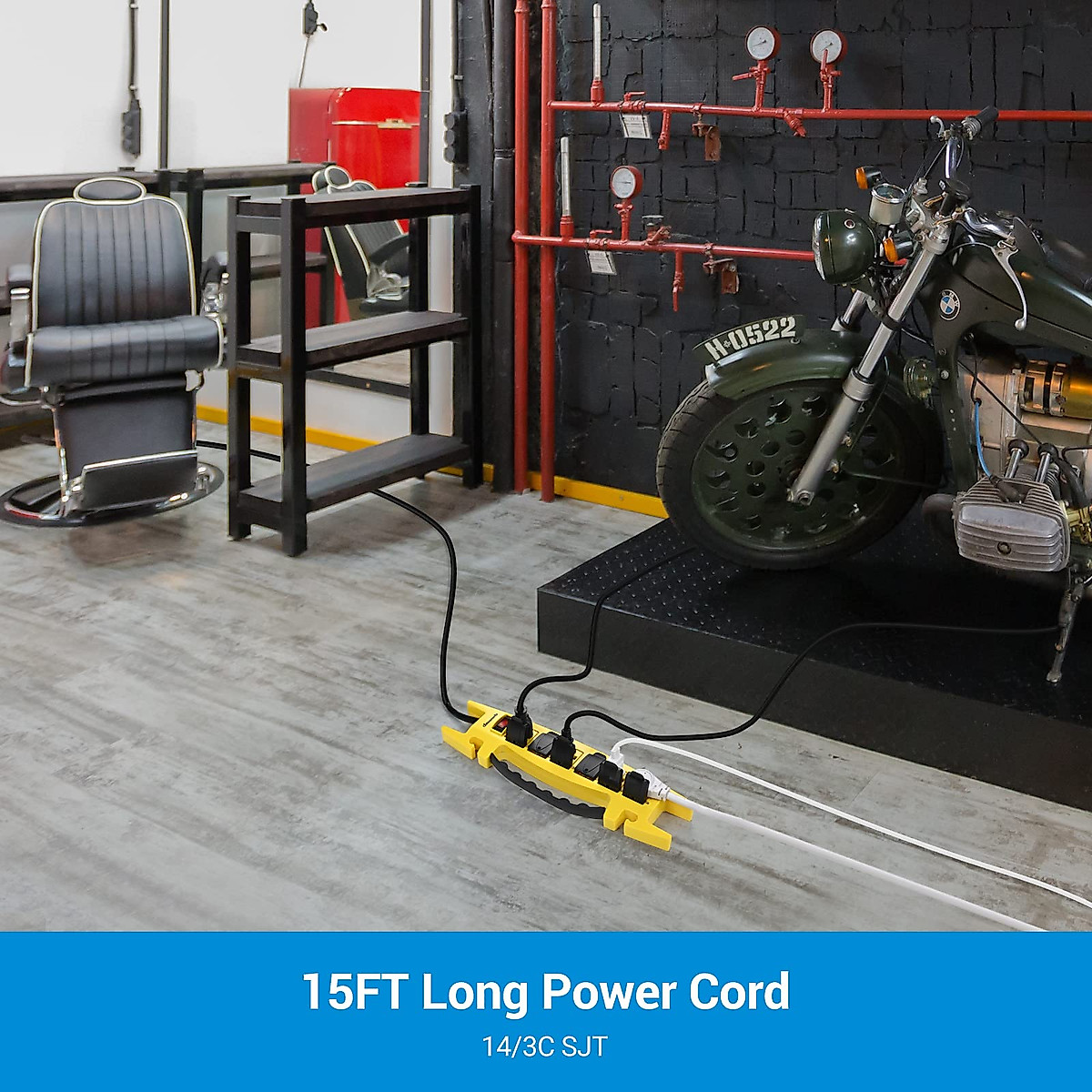 DEWENWILS 6-Outlet Heavy Duty Power Strip with 15FT Cord, Garage Power Strip with 15A Circuit Breaker, Industrial Power Strip, Wall Mountable & Cord Management, Safety Cover, UL Listed