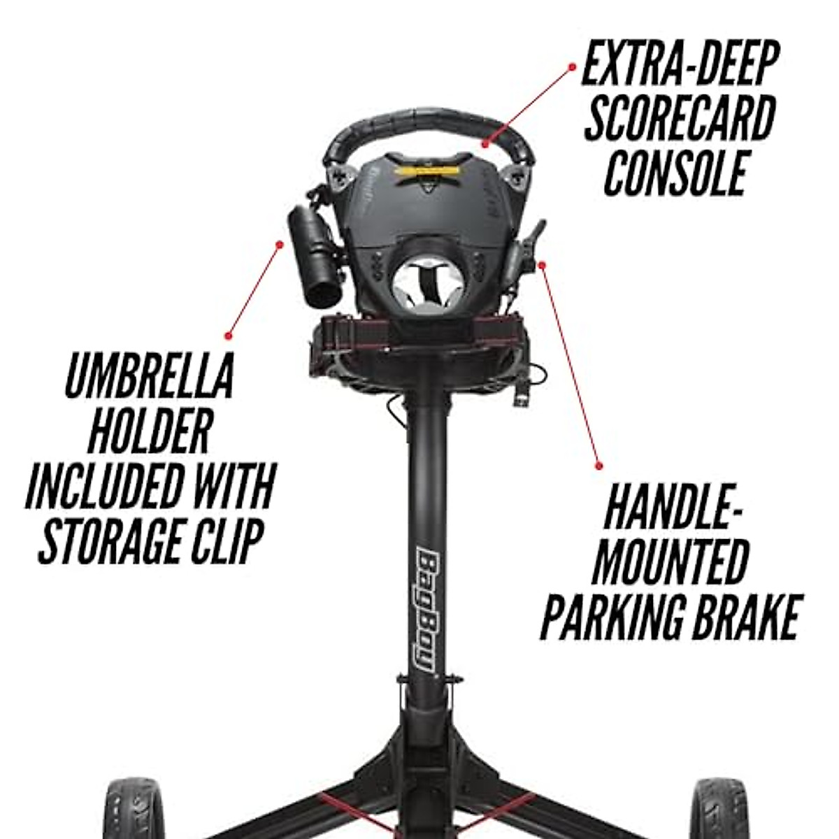 Bag Boy Compact 3 Golf Push Cart, Easy Three-Step Open & Close, Scorecard Console, Beverage Holder, Mobile Device Holder, Handle Mounted Parking Brake