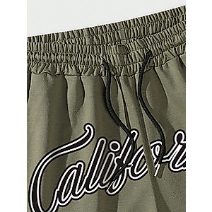 SHENHE Men's Letter Print Drawstring Waist Striped Trim Workout Gym Track Shorts Army Green L