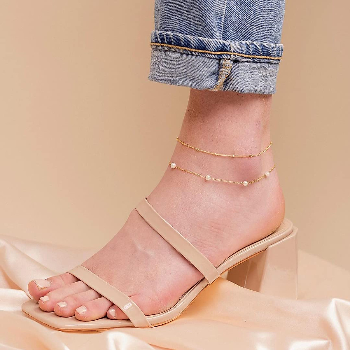 Tasiso 14K Gold Plated Handmade Pearl Anklet Dainty Minimalist Pearl Chain Ankle Bracelets Waterproof Boho Summer Jewelry 8.3"