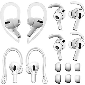 ALXCD Eartips & Ear Hooks Kit Replacement for Air Pods Pro, 2 Pairs Over-Ear Soft Ear Hook & 2 Pairs Anti Slip Silicone Eartips & 3 Pairs S/M/L in-Ear Eartips, Fit Air Pods Pro 1+1+2S+3 White