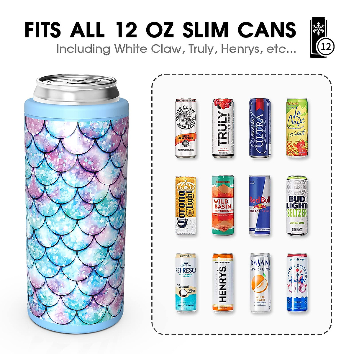 TILUCK Skinny Can Cooler for Slim Beer & Hard Seltzer, Stainless Steel, Doucle-Walled Stainless Steel Insulated Slim Cans, Standard 12 oz (Fish Scales 01)