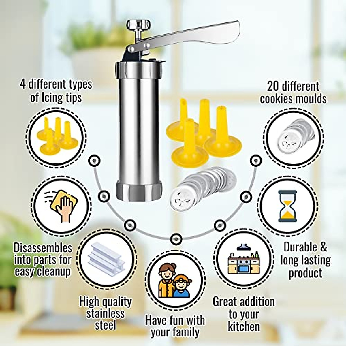 Cookie Press Kit with 20 Discs | Small Biscuit Maker Hand Press and Stamps for Cookies | 4 Icing Tips for Cake Decorating with Aluminum Cookie Gun