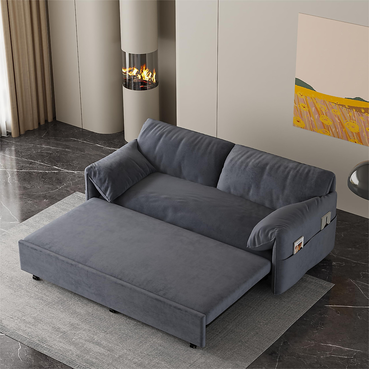 Eafurn Velvet Upholstery Queen Size Pull Out Sofa Bed, 3-in-1 Convertible Sleeper Couch with Soft & Wide Armrest and Side Storage,Multi-Functional Reversible Futon Loveseat Sofabed for Living Room,RV