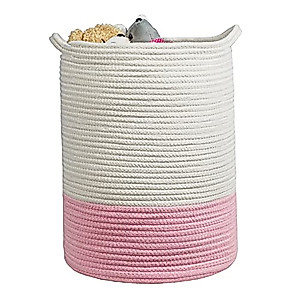 Dealone Pink Woven Rope Tall Toys Storage Basket with Handles Blankets Clothes Towels Laundry Basket Nursery Organizer Bins