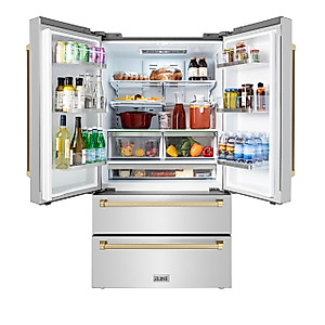 ZLINE 36" Autograph Edition 22.5 cu. ft 4-Door French Door Refrigerator with Ice Maker in Fingerprint Resistant Stainless Steel with Champagne Bronze Traditional Handles (RFMZ-36-CB)
